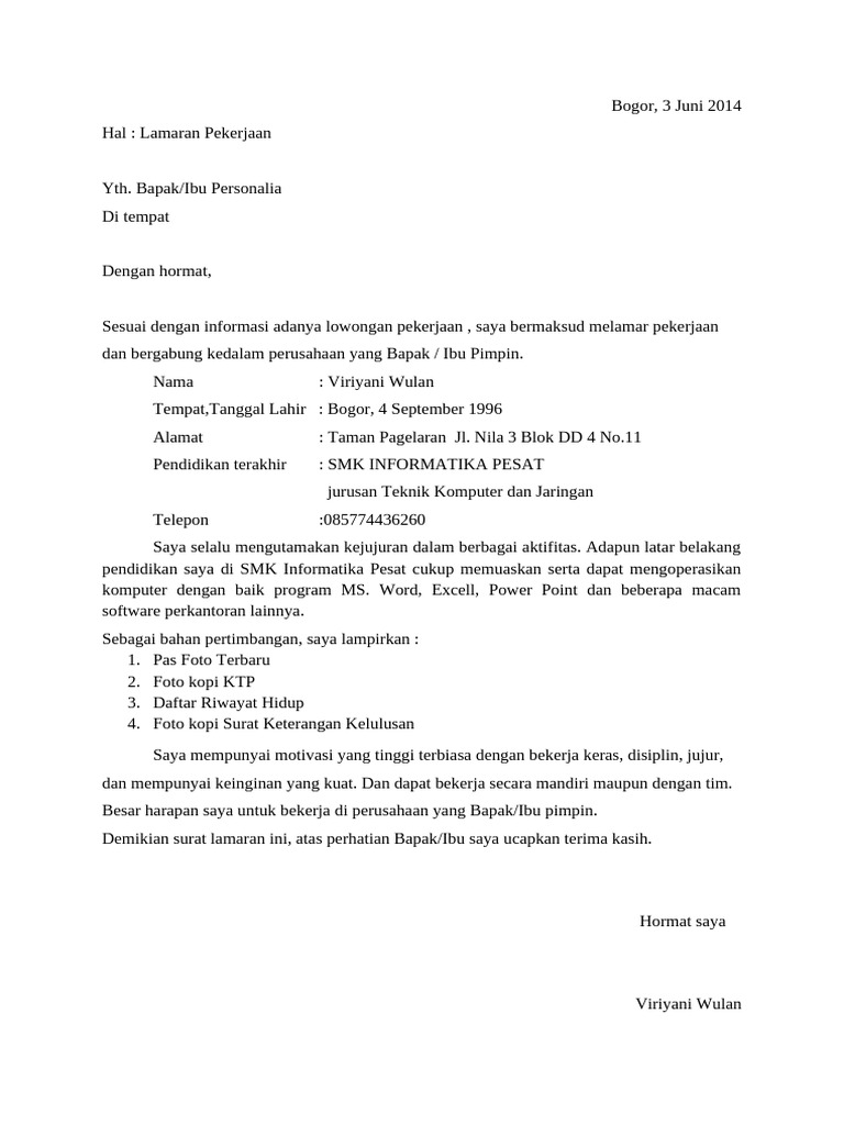 Surat Lamaran Wulan | PDF