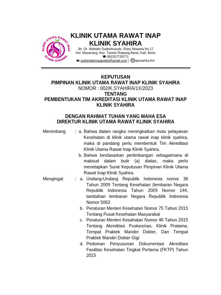 SK Tim Akreditasi Klinik Syahira | PDF