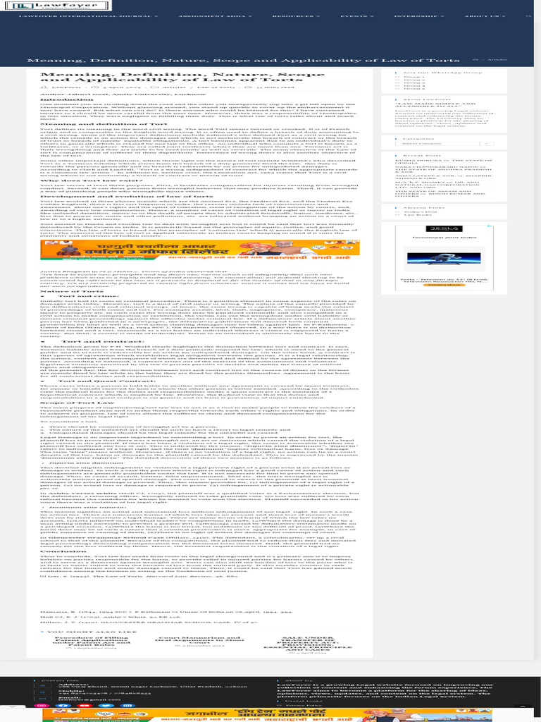 Meaning, Definition, Nature, Scope and Applicability of Law of Torts LawFoyer | PDF | Tort | Damages