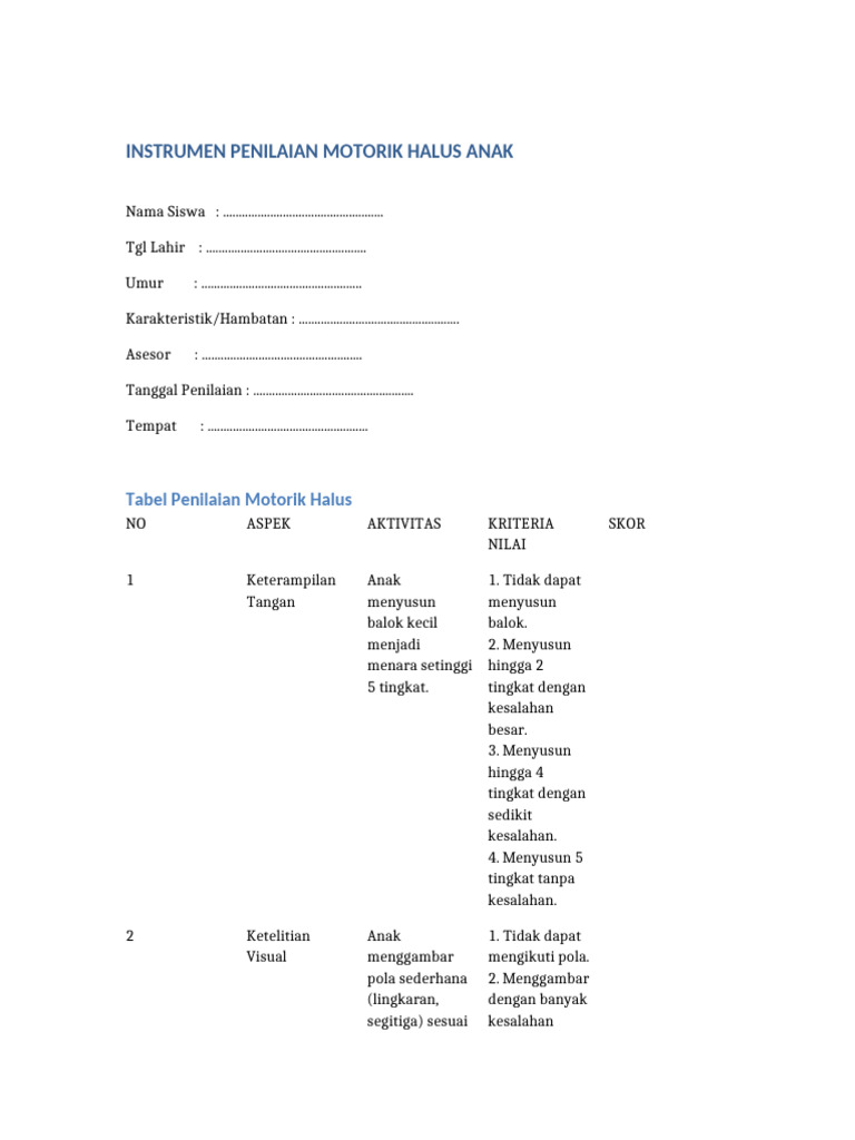 Instrumen Dan Tabel PPI Motorik Halus | PDF