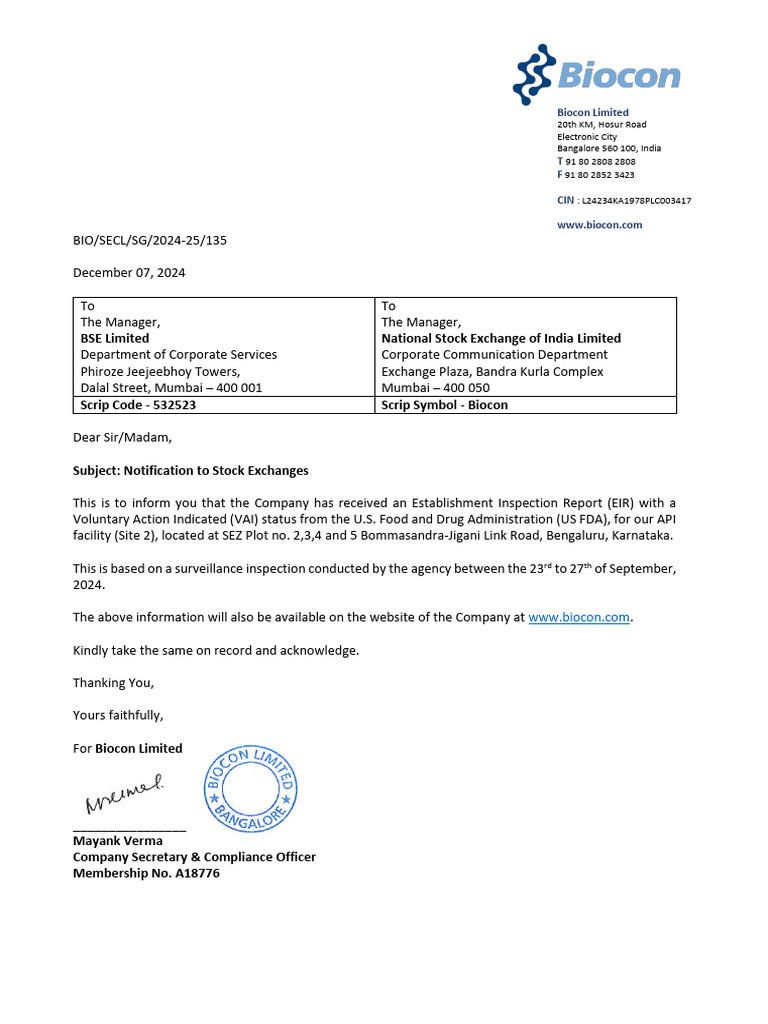 BIOCON 07122024201635 Notification07122024 | PDF