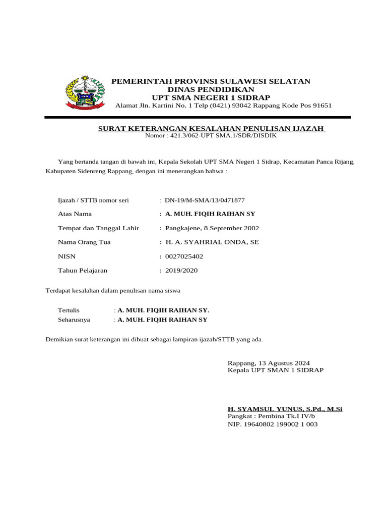 Surat Keterangan Beda Nama Ijazah | PDF