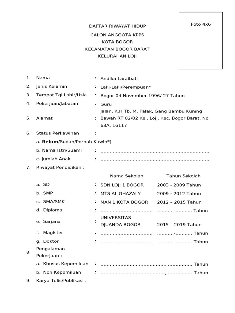 Daftar Riwayat Hidup - KPPS | PDF