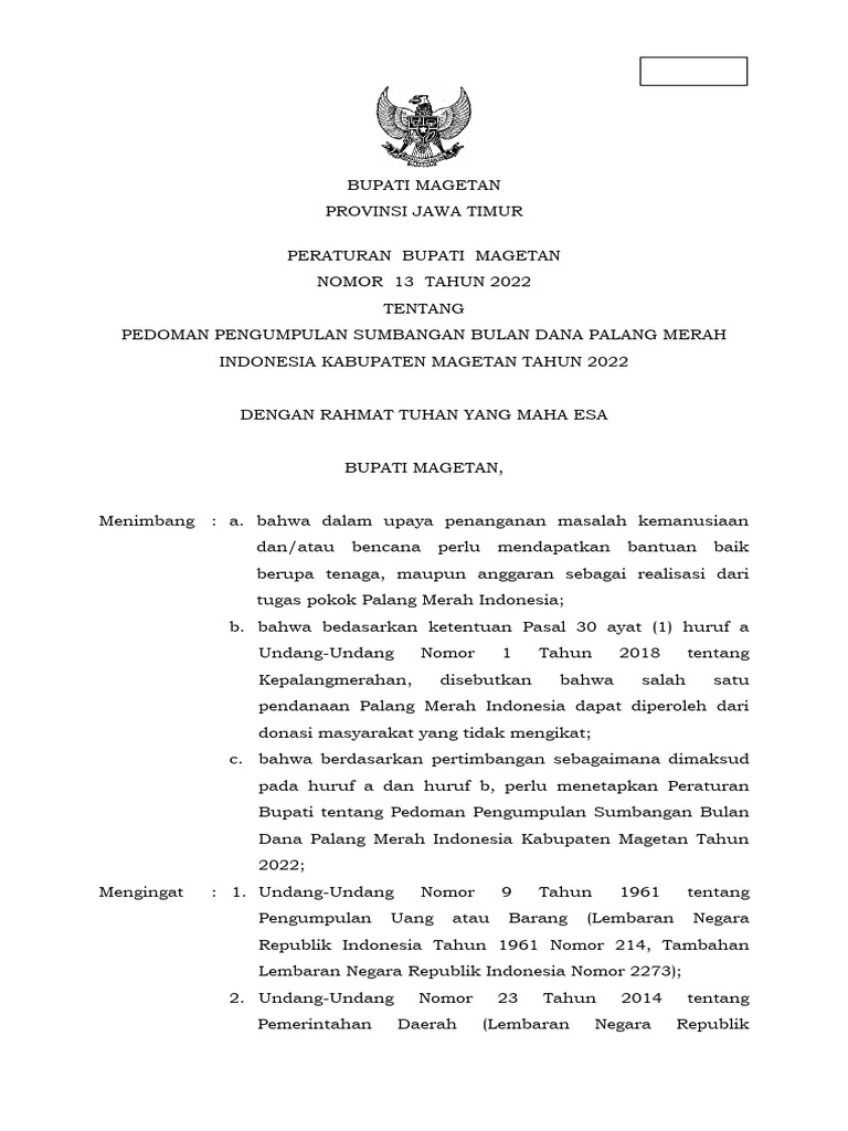 PERBUP Nomor 13 Tahun 2022 Tentang BULAN DANA PMI 2022 | PDF