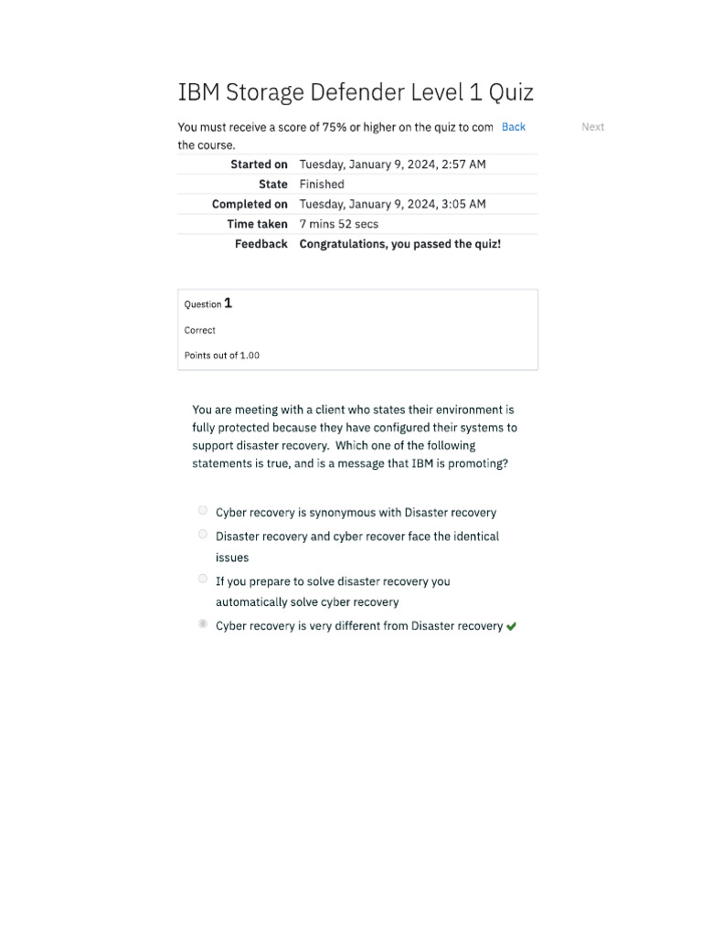 IBM Storage Defender Level 1 Quiz - Passed | PDF