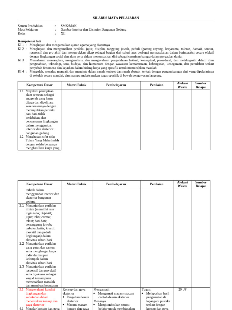 6.SILABUS GAMBAR INTERIOR DAN EKSTERIOR BANGUNAN GEDUNG Kelas XII | PDF