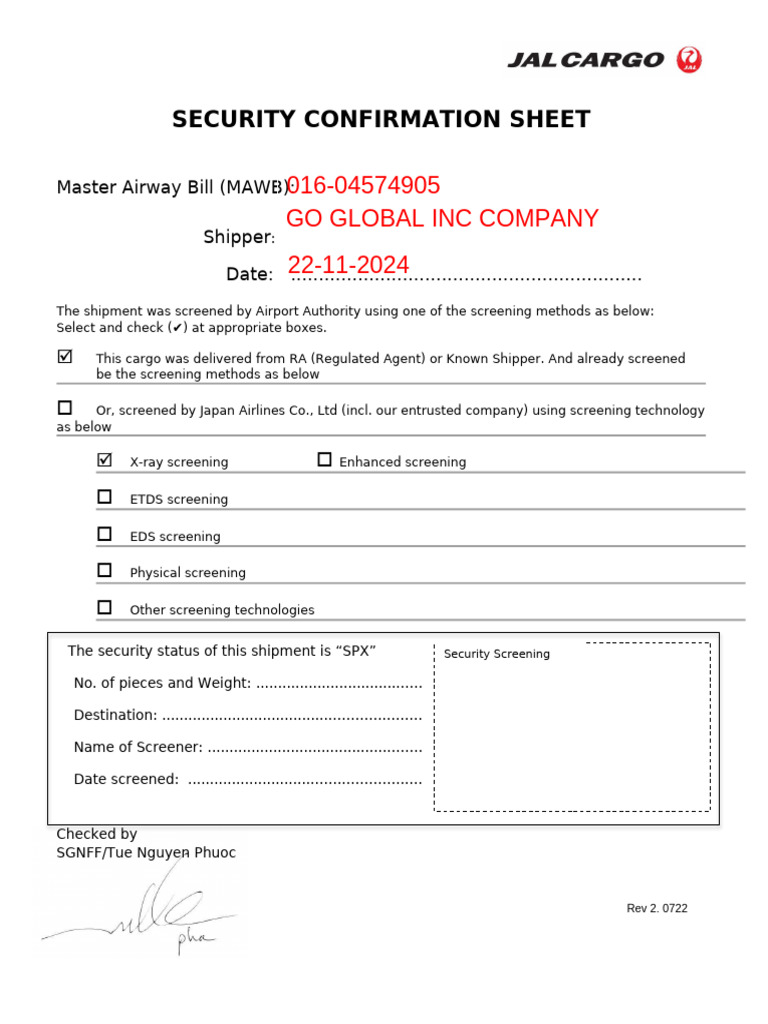 JAL Security Confirmation Sheet - SCS Rev 2 | PDF