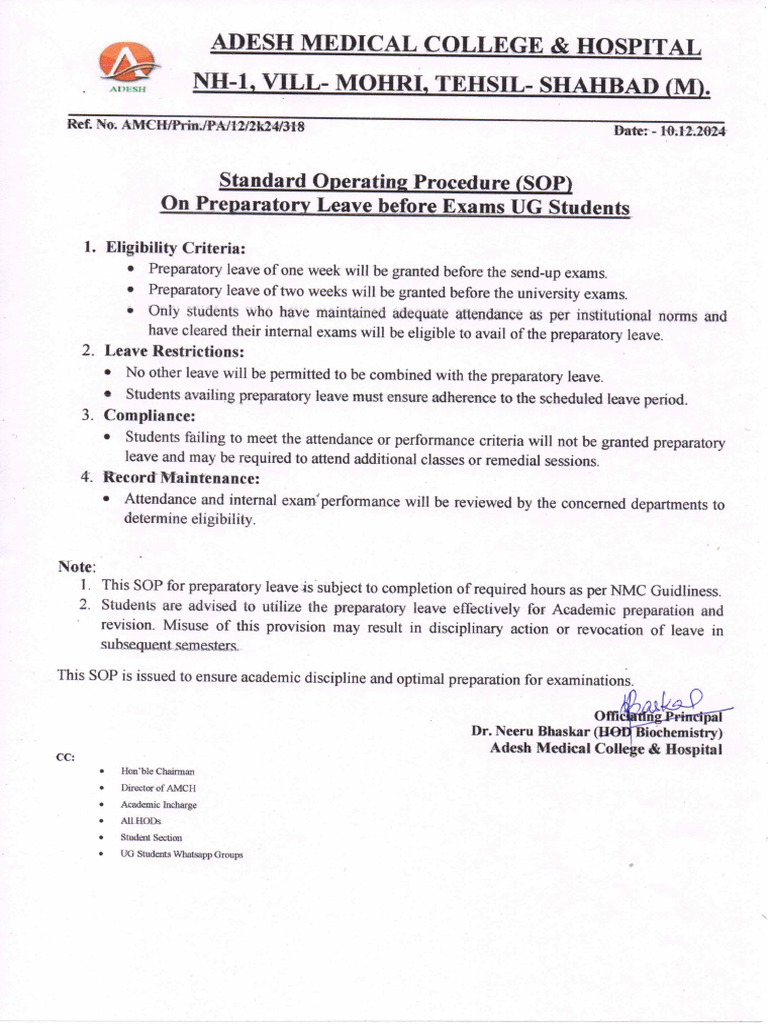 SOP on Preparatory leave before exams UG Students | PDF