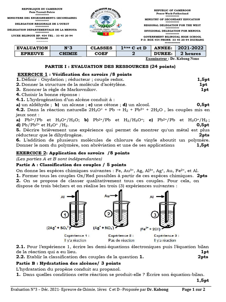 Eval-3-chimie-PCD Seq3 2021 2022 | PDF | Métaux | Fer