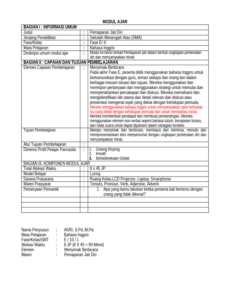 MODUL AJAR ASRI TP 10.1-1 August 2022 KLt | PDF