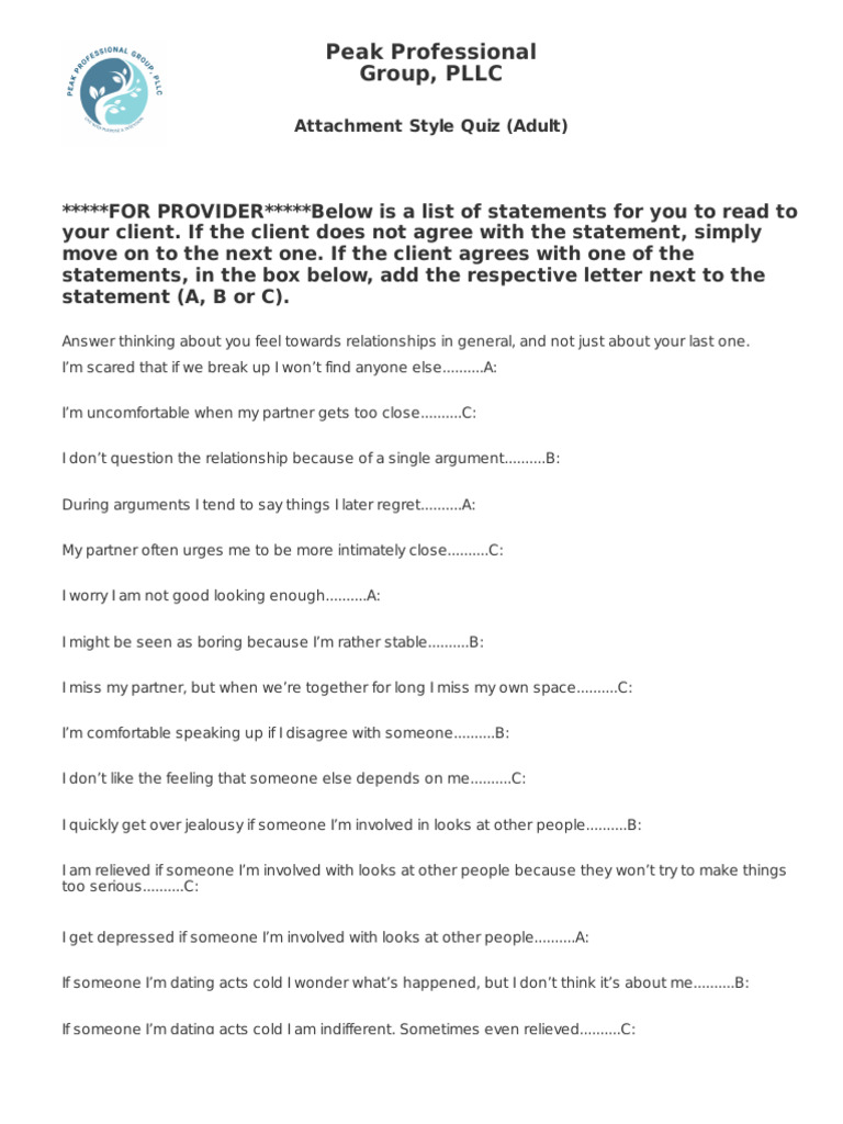 Attachment Style Quiz (Adult) - 09 - 24 - 2021 09 - 25 AM | PDF ...