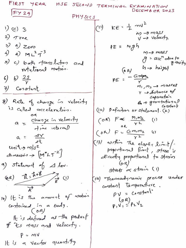 Plus One Mid Term Exam 2023 Physics Answer Key | PDF