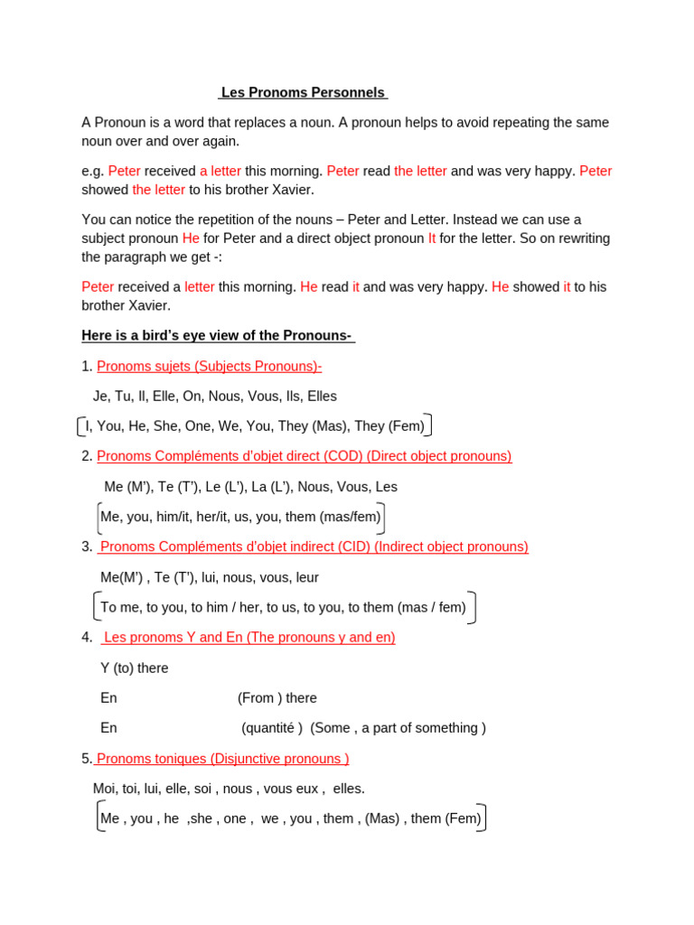 Les Pronoms Personnels Notes For Sabah and Salwa | PDF | Grammar ...