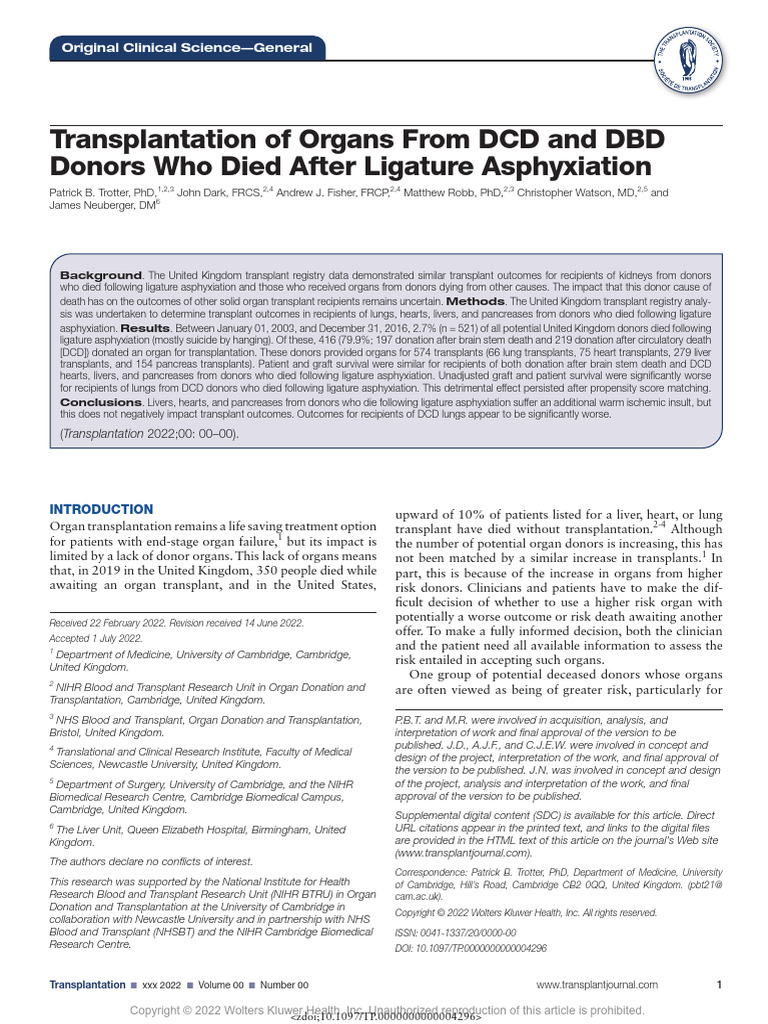 Transplantation of Organs From DCD and DBD Donors Who Died After ...
