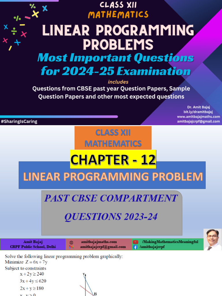 Class XII LINEAR PROGRAMMING PROBLEMS Most Important Questions For 2024-25 Examination (Dr. Amit ...