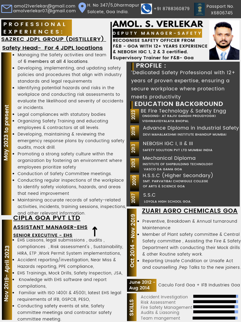AMOL VERLEKAR Safety 12+ exp | PDF | Occupational Safety And Health | Safety