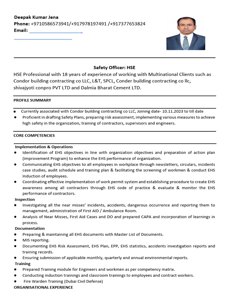 CV Deepak Jena | PDF | Occupational Safety And Health | Safety
