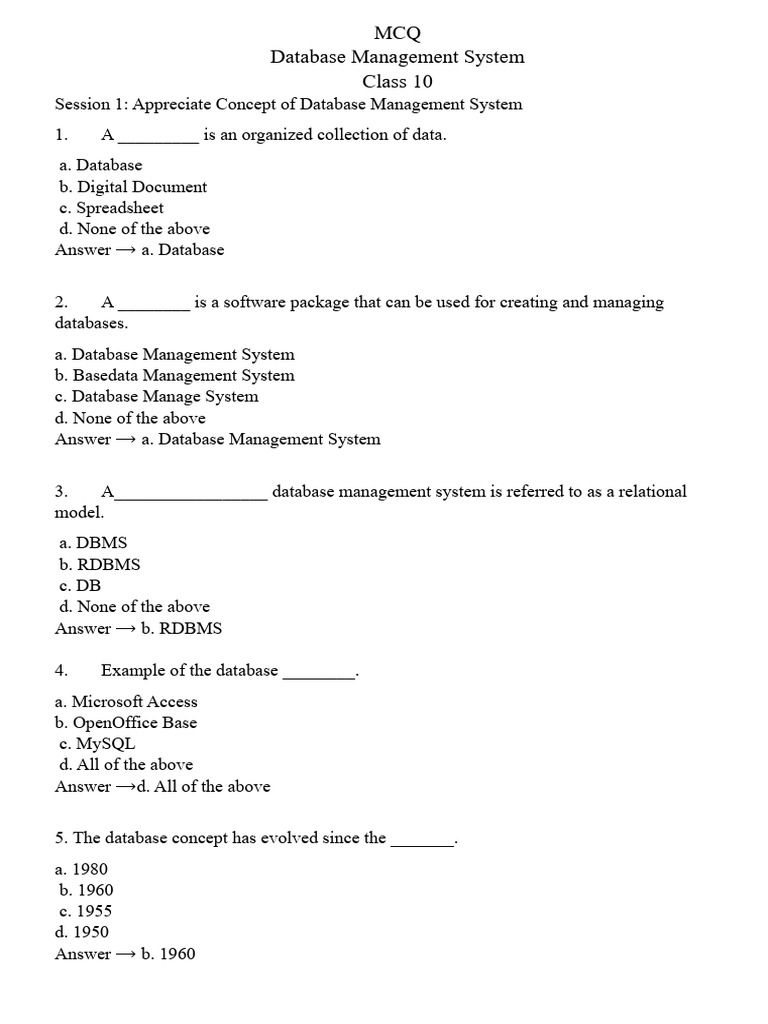 Database Management System Class 10 | PDF | Databases | Sql