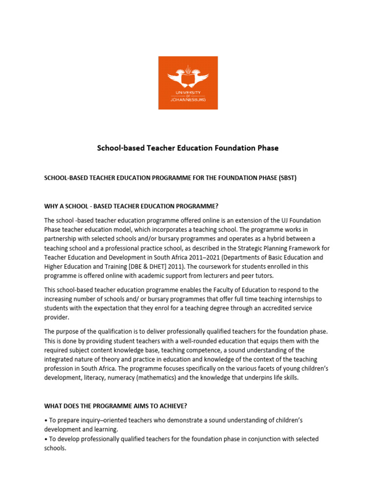 Edu School Based Teacher Education Programme Poundation Phase Online | PDF | Teacher Education ...