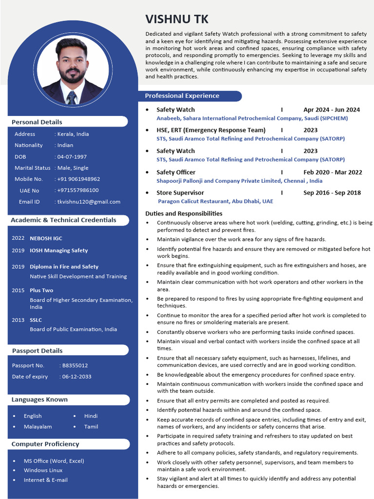 Vishnu TK CV | PDF | Safety | Occupational Safety And Health