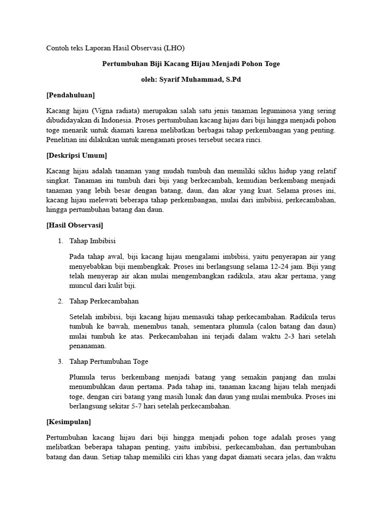 Contoh Teks Laporan Hasil Observasi (LHO) | PDF