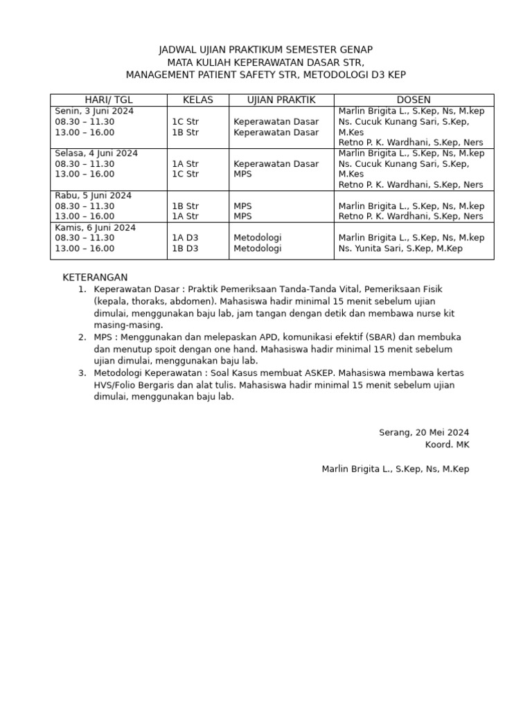 Jadwal Ujian Praktikum Semester Genap 2024 | PDF