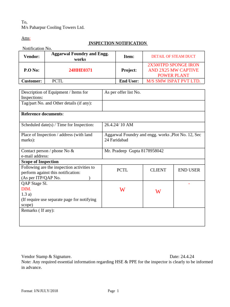 Inspection call format (2) | PDF
