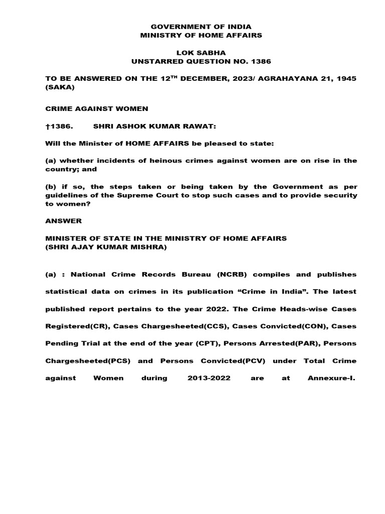 Loksabhaquestions Annex 1714 AU1386 | PDF | Violence Against Women | Crimes