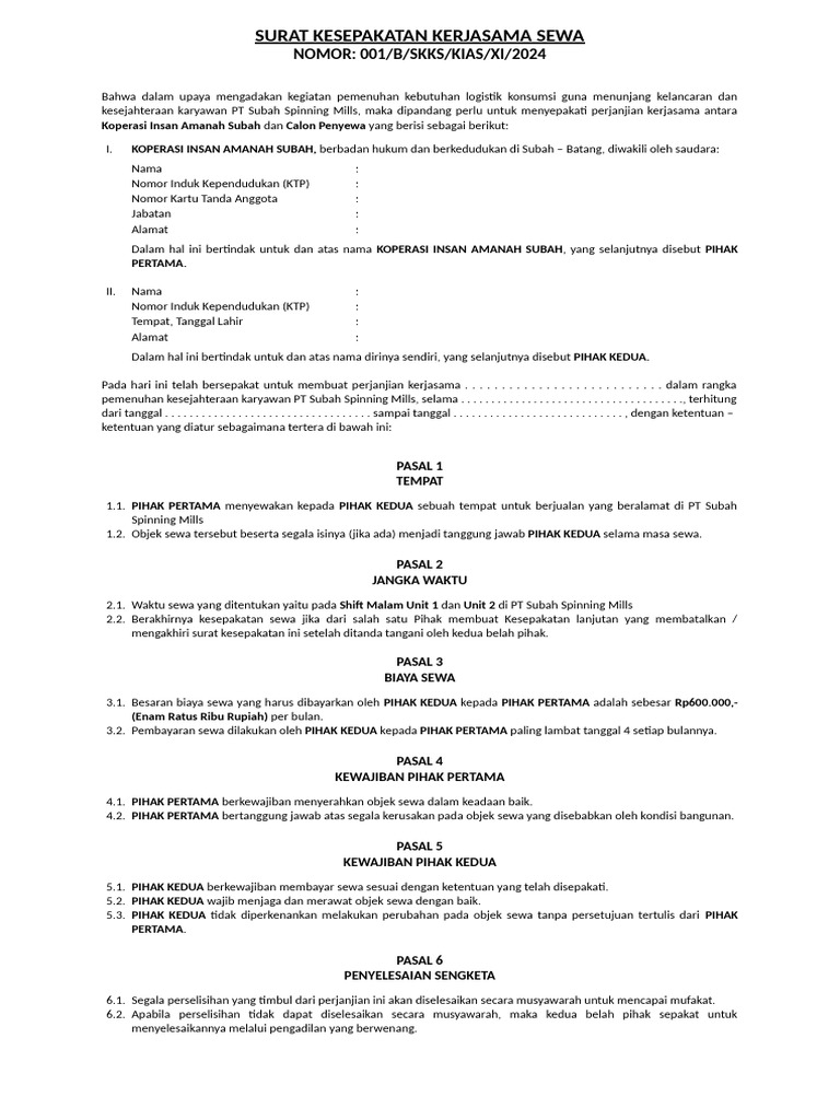 SURAT KESEPAKATAN KERJASAMA SEWA KIAS SSM | PDF