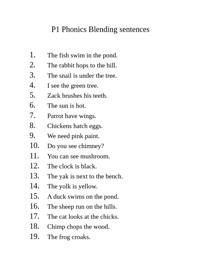 P1 Phonics Blending Sentences | PDF