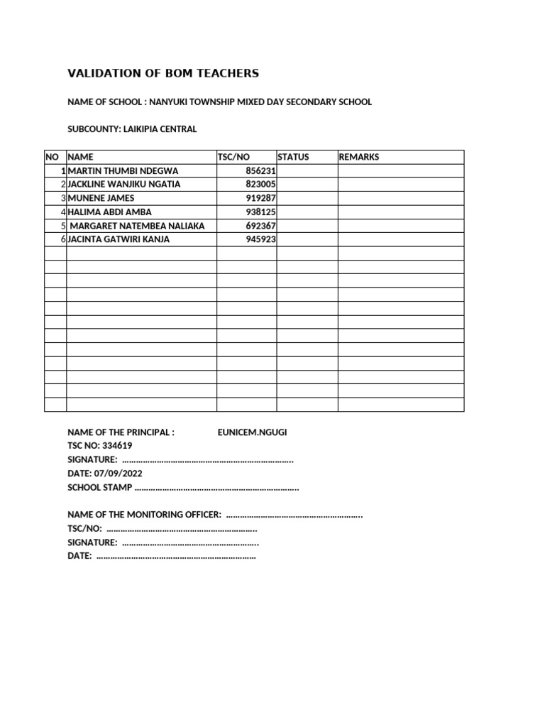 BOM Teachers Validation Report | PDF