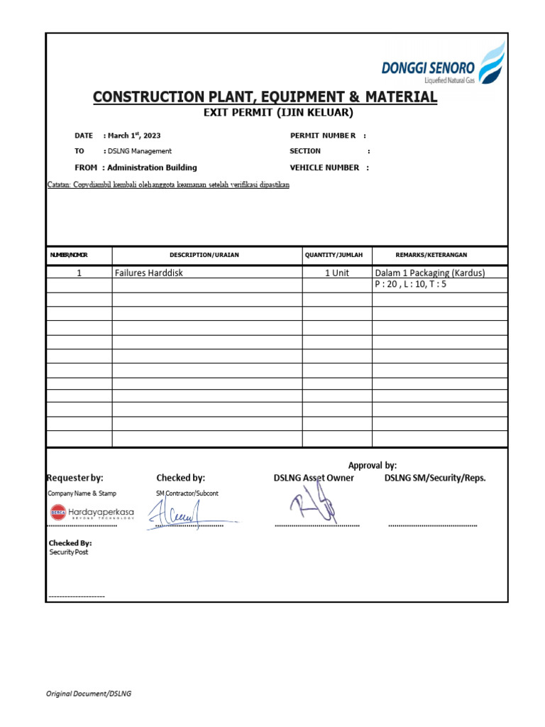 DSLNG Exit Permit Form - Failures Hdd-Signed-Signed | PDF