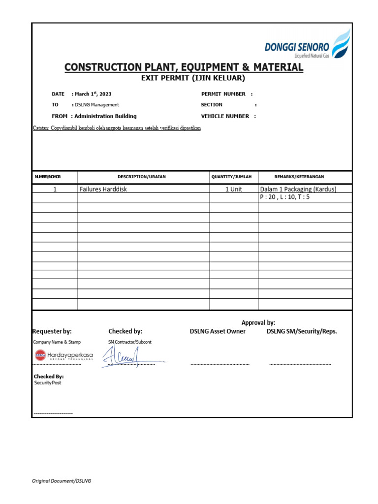 DSLNG Exit Permit Form - Failures Hdd-Signed | PDF