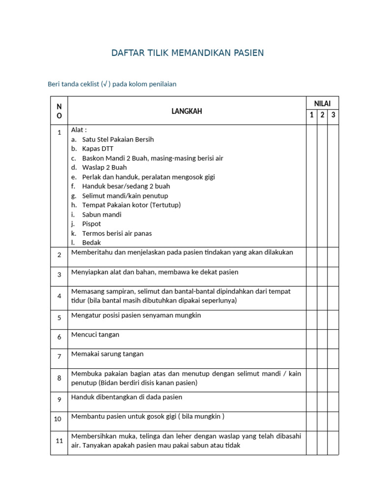 Daftar Tilik Memandikan Pasien | PDF