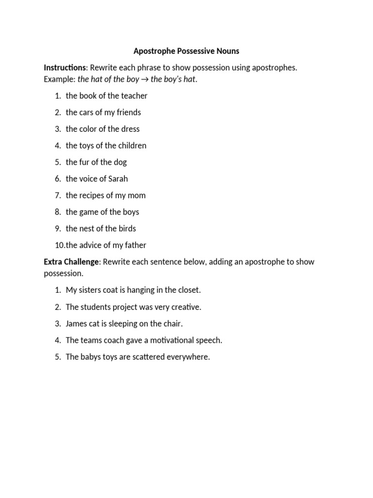 Apostrophe Possessive Nouns Exercise | PDF