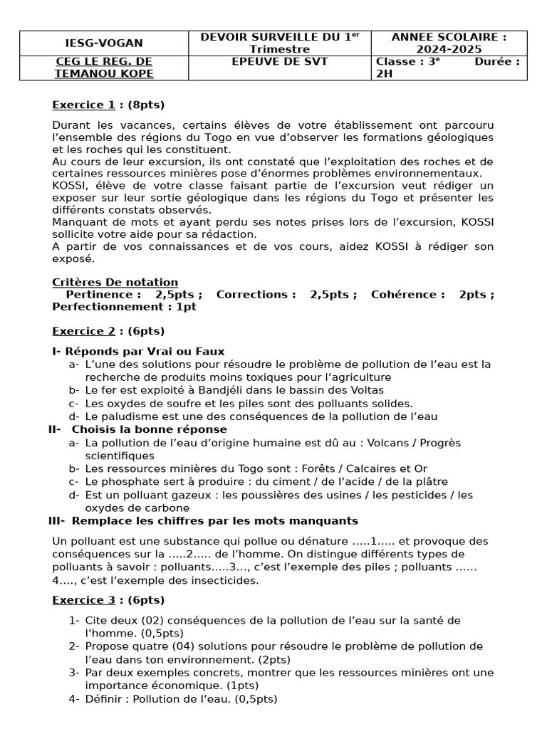 Devoir surveillé 3e SVT_094601 | PDF | la pollution | Pollution de l'eau