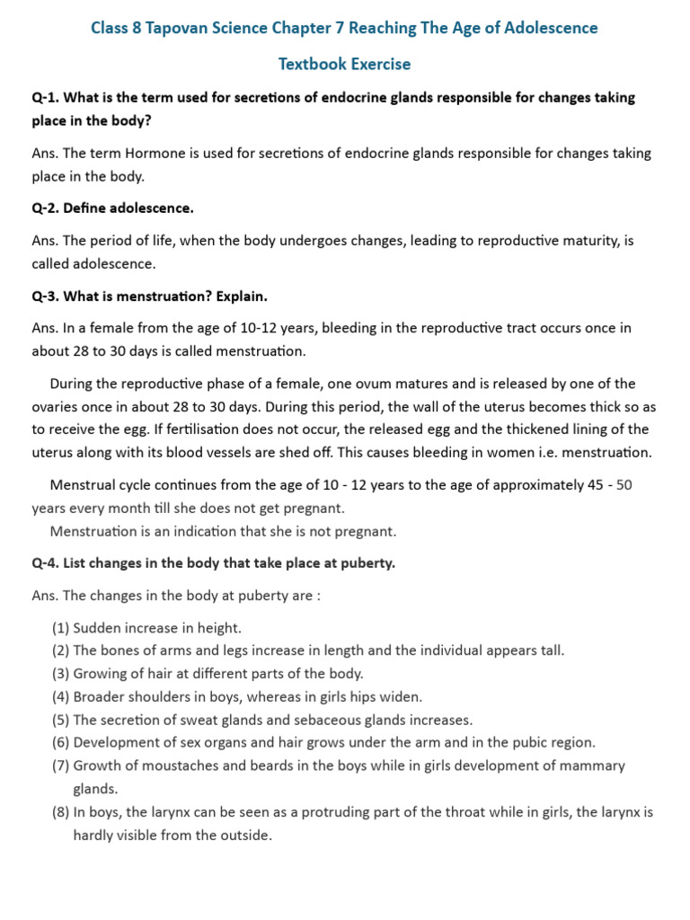 Class 8 Science Chapter 7 Reaching The Age of Adolescence | PDF ...