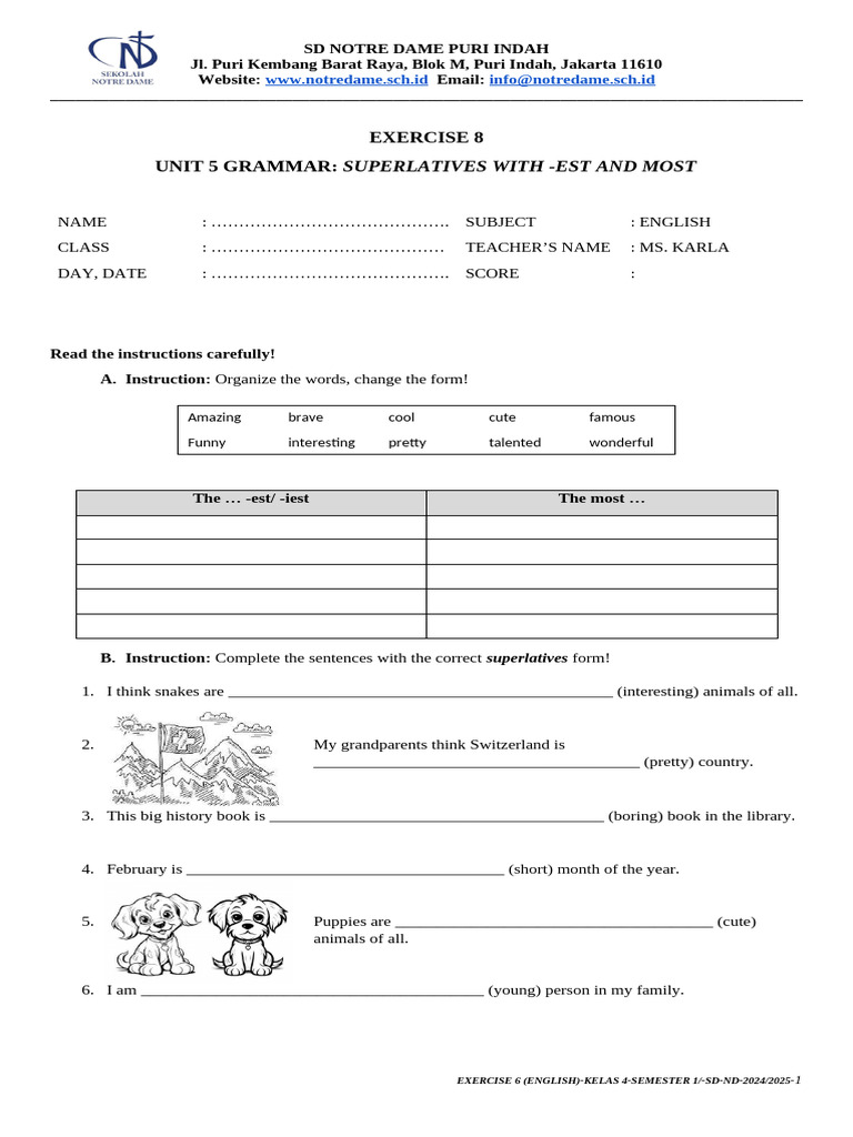 Exercise 8 Unit 5 Grammar:: Superlatives With - Est and Most | PDF