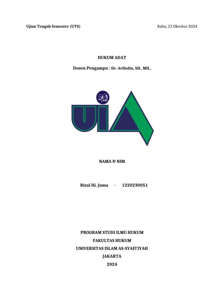 Uts Hukum Adat (Rizal Hi. Juma) | PDF