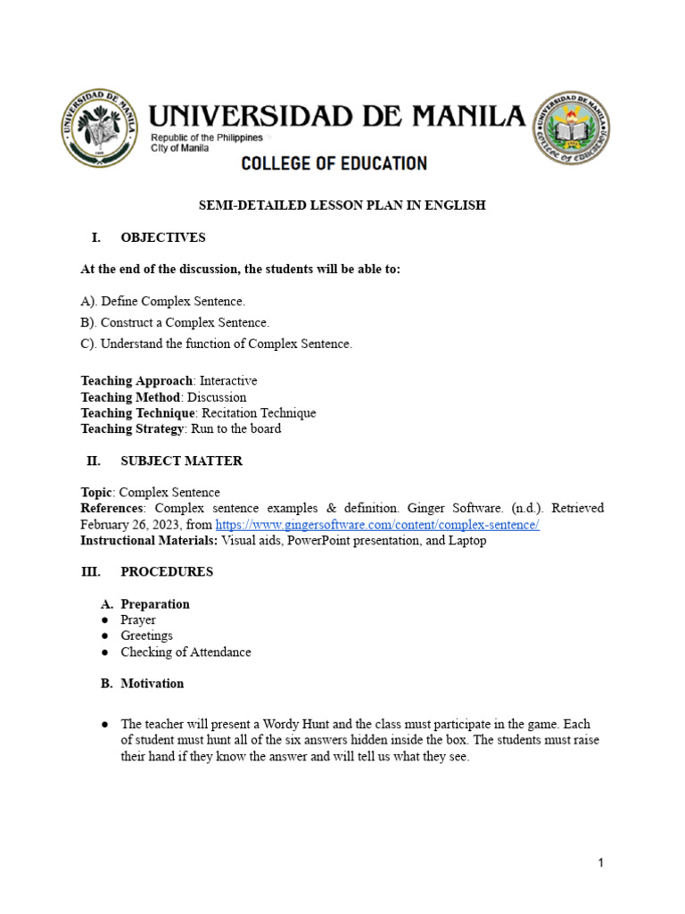 Semi Detailed Lesson Plan - Complex Sentence | PDF | Linguistic Morphology | Semantics