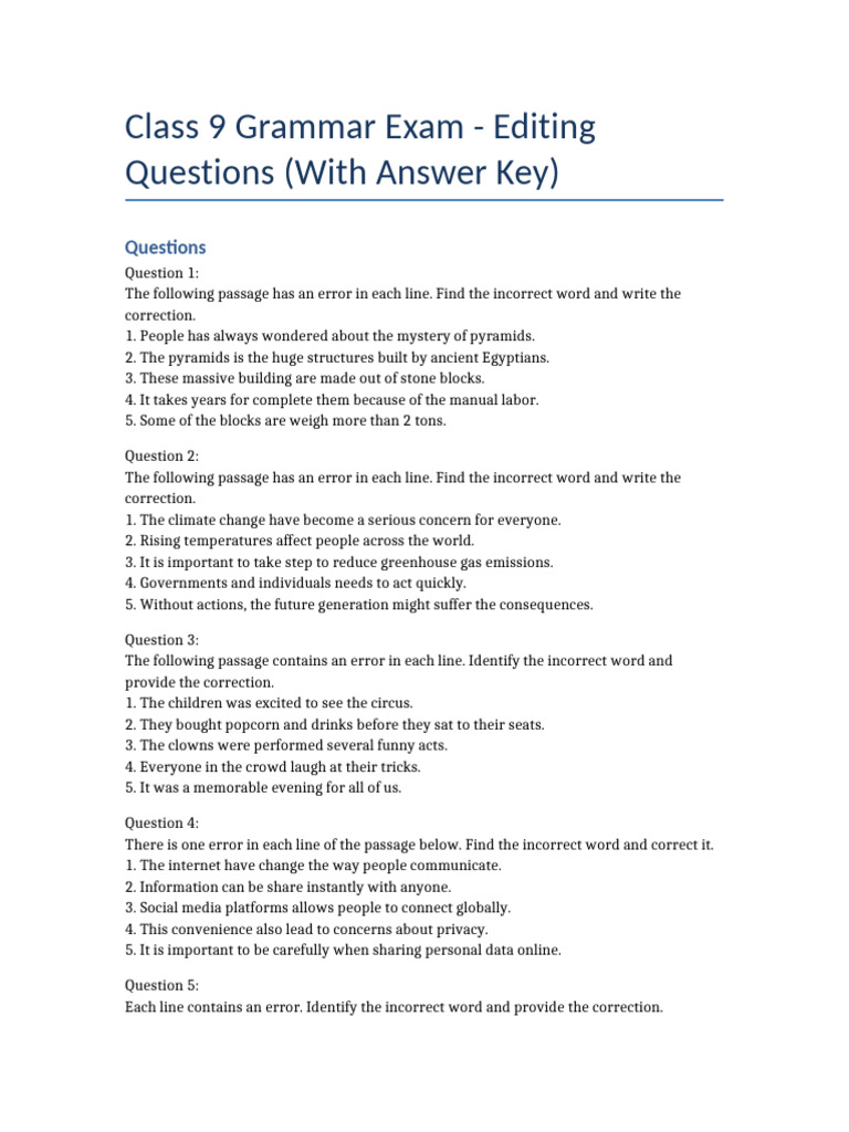 Class - 9 - Grammar - Editing - Questions - Separated 22 | PDF | Climate Change | Natural ...