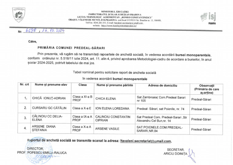 Solicitare Ancheta Sociala Pt Bursa Monoparentala_Predea-Sarari | PDF