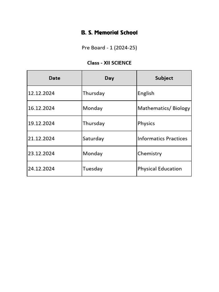 12B-PB-1 Time Table | PDF