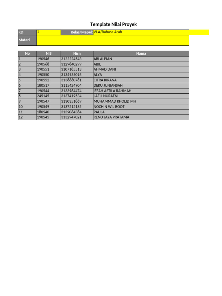 Template Nilai Proyek Bahasa Arab VI.A | PDF