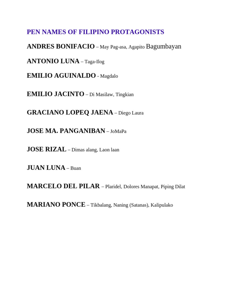 Pen Names of Filipino Protagonists | PDF