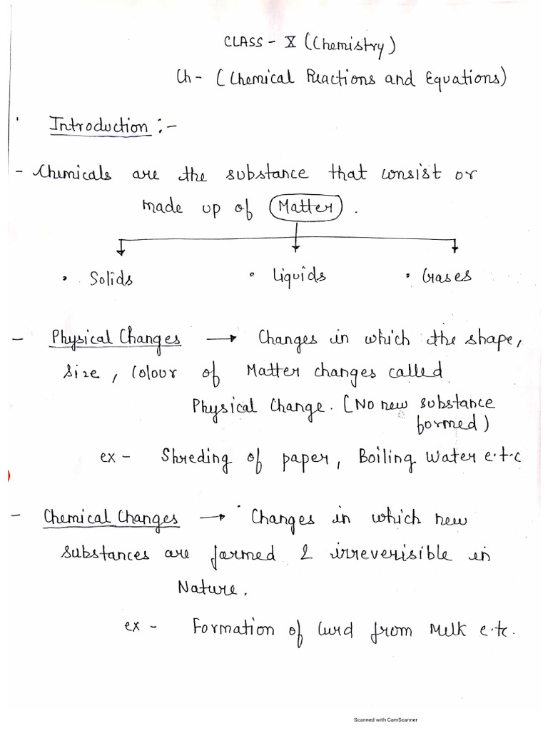 Chemical Reactions and Equations Full Chapter Notes Class 10 Chemistry ...