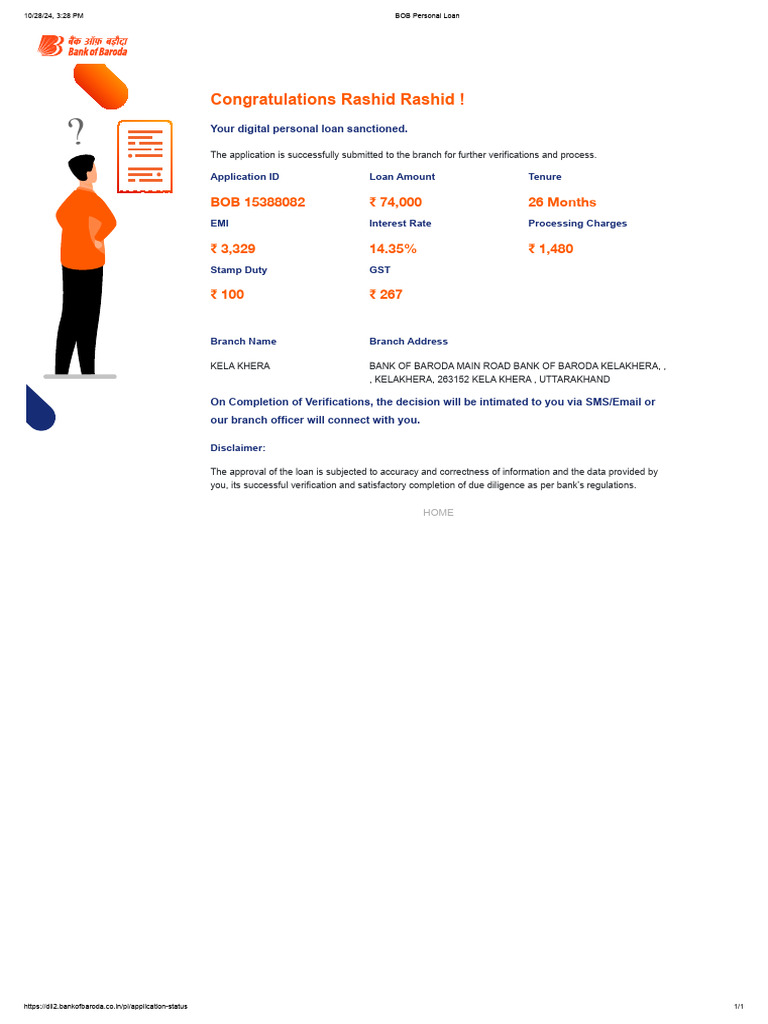 BOB Personal Loan Approval Details | PDF | Money | Personal Finance