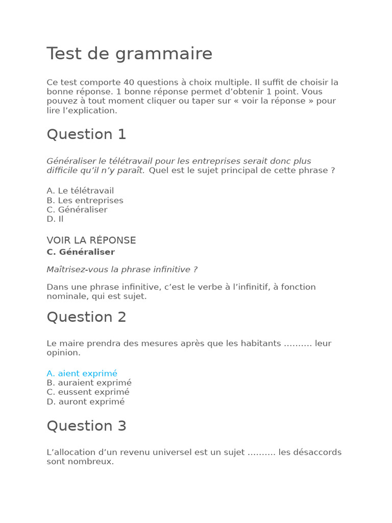 Test de grammaire : 40 questions à choix multiple | PDF | Phrase ...