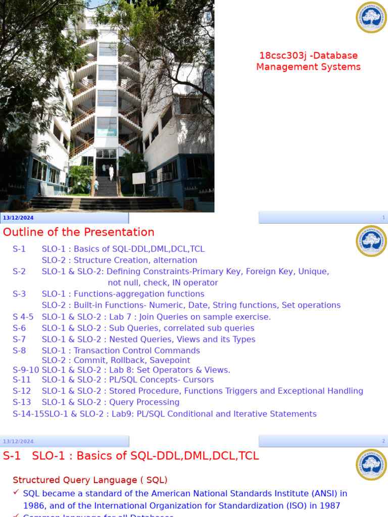 18csc303j Dbms Unit III | PDF | Sql | Table (Database)