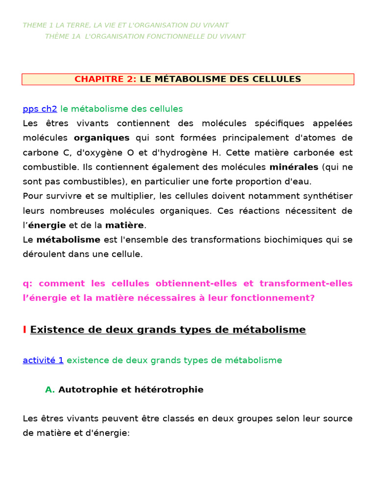 Métabolisme cellulaire : autotrophie et hétérotrophie | PDF ...
